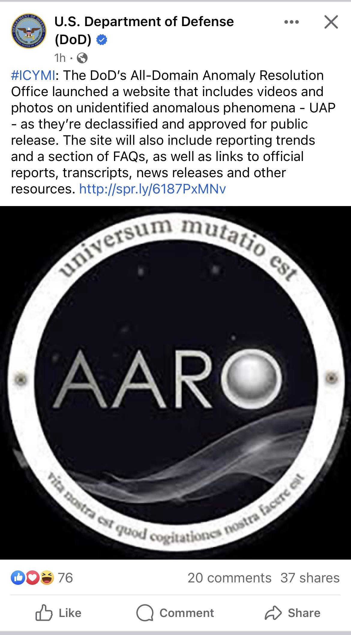 The DoD Facebook page just made this post about the new AARO site ...