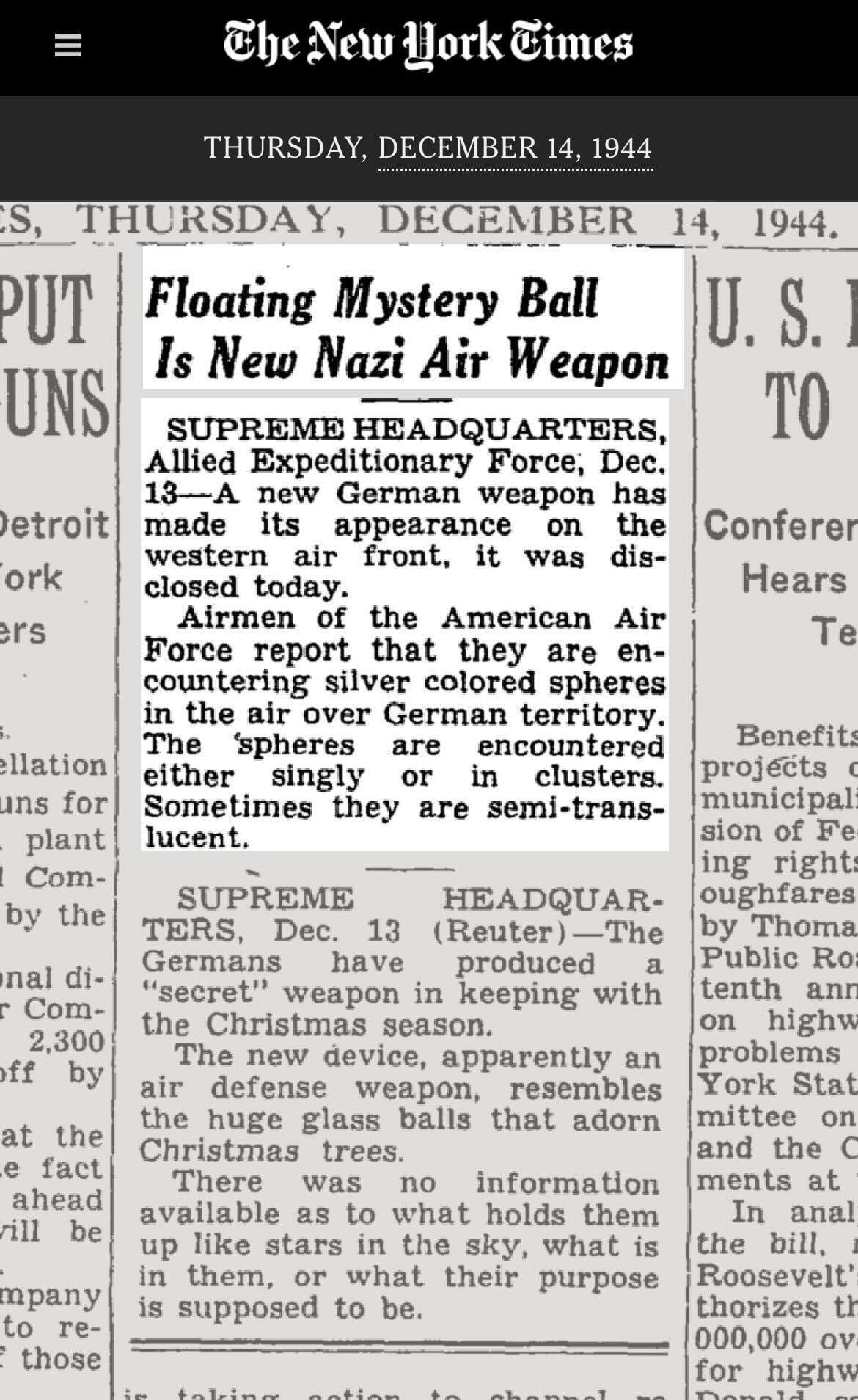 "Floating Mystery Ball is New Nazi Air Weapon" - NYTimes, December 14th ...