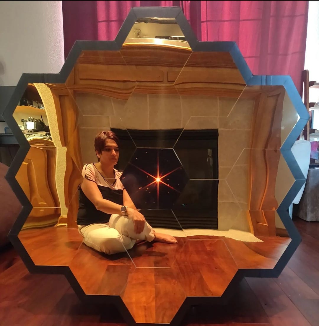 I made a JWST wall art with gold hex mirrors on a foam biard. The ...