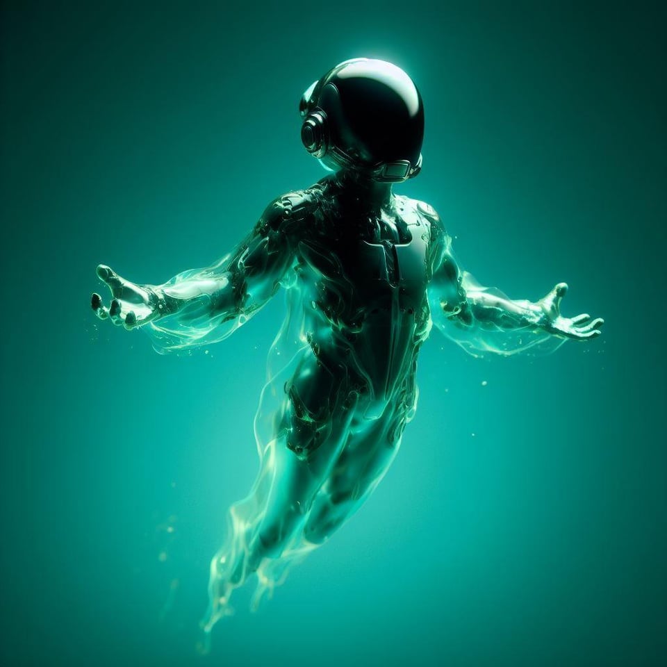 Green glowing , silver suit, wearing a black roundish helmet, floating ...
