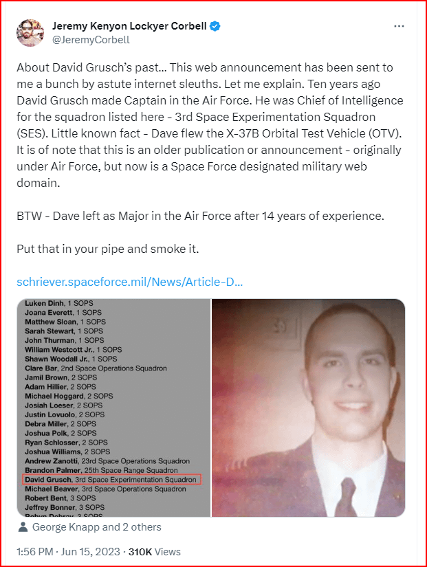 TIL that Jeremy Corbell claimed David Grusch flew the X-37B space plane ...
