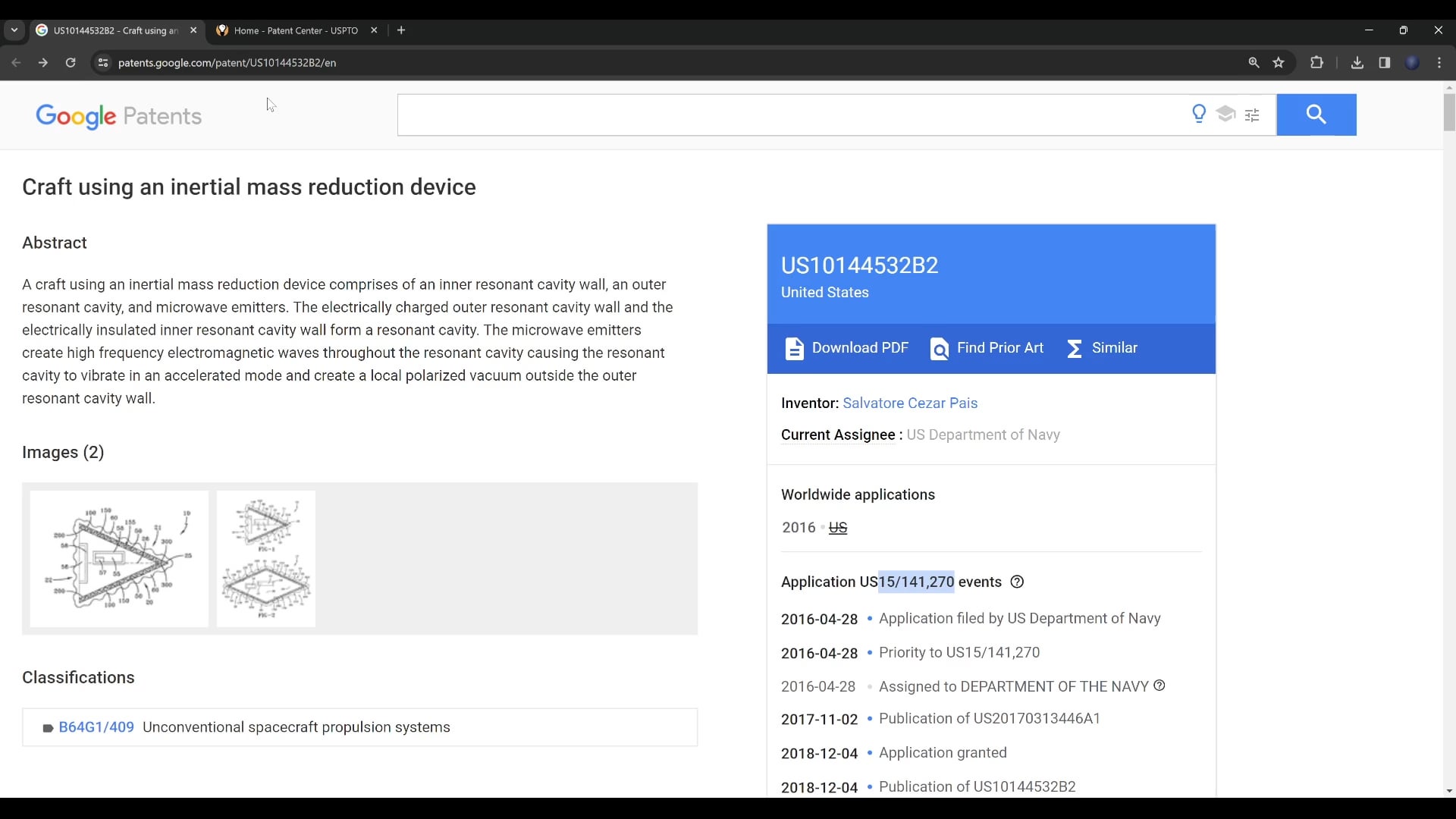 U.S. Navy asserts in a letter document that crafts using inertial mass ...