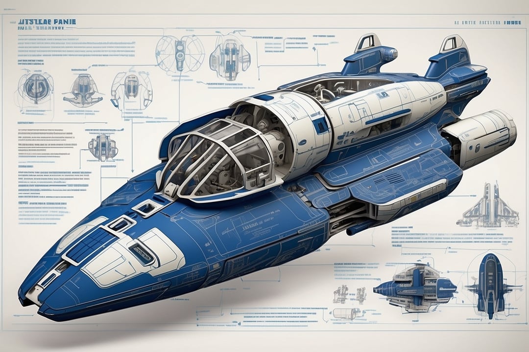 Concept Blueprint-style illustration of the spaceship/key elements from ...