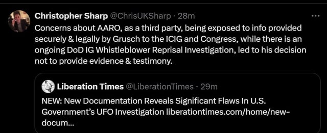 Chris Sharp thread on FOIA doc: "In 2024 AARO provided Grusch with a ...
