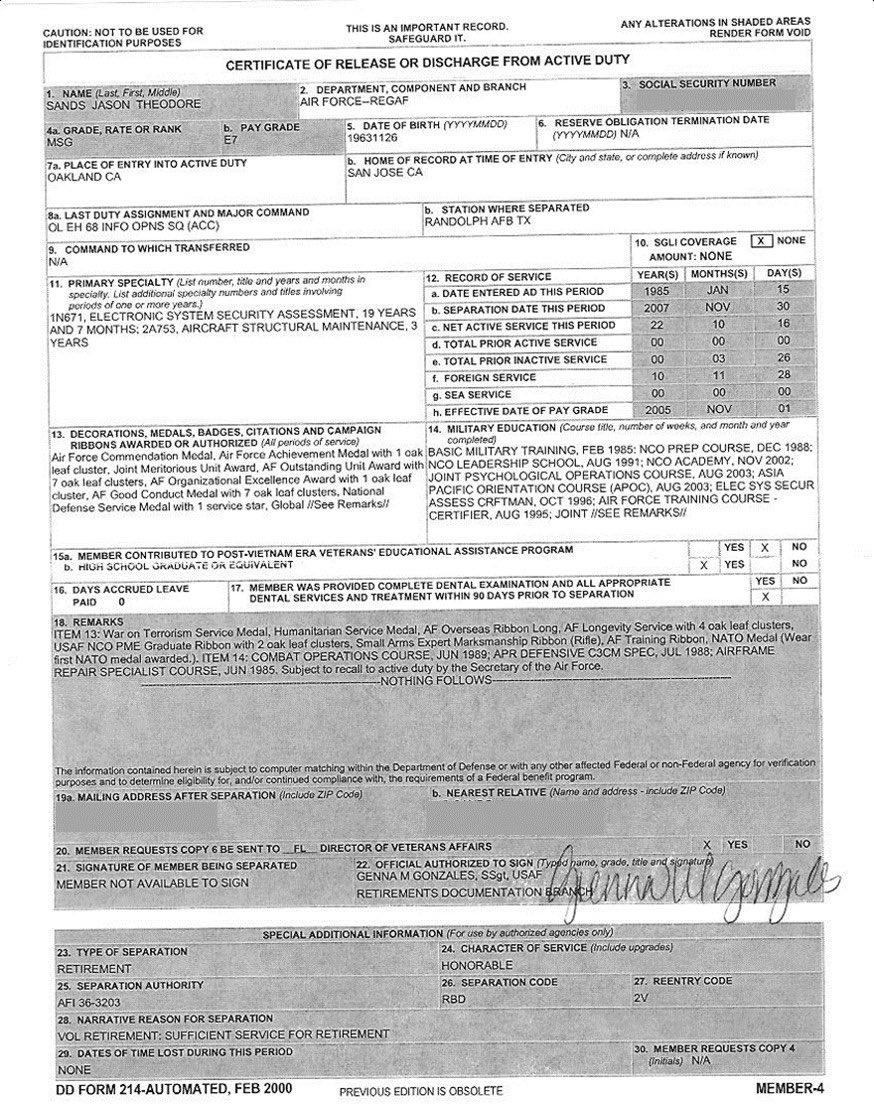 New whistleblower Jason Sands posts his DD-214 Form confirming he was a ...