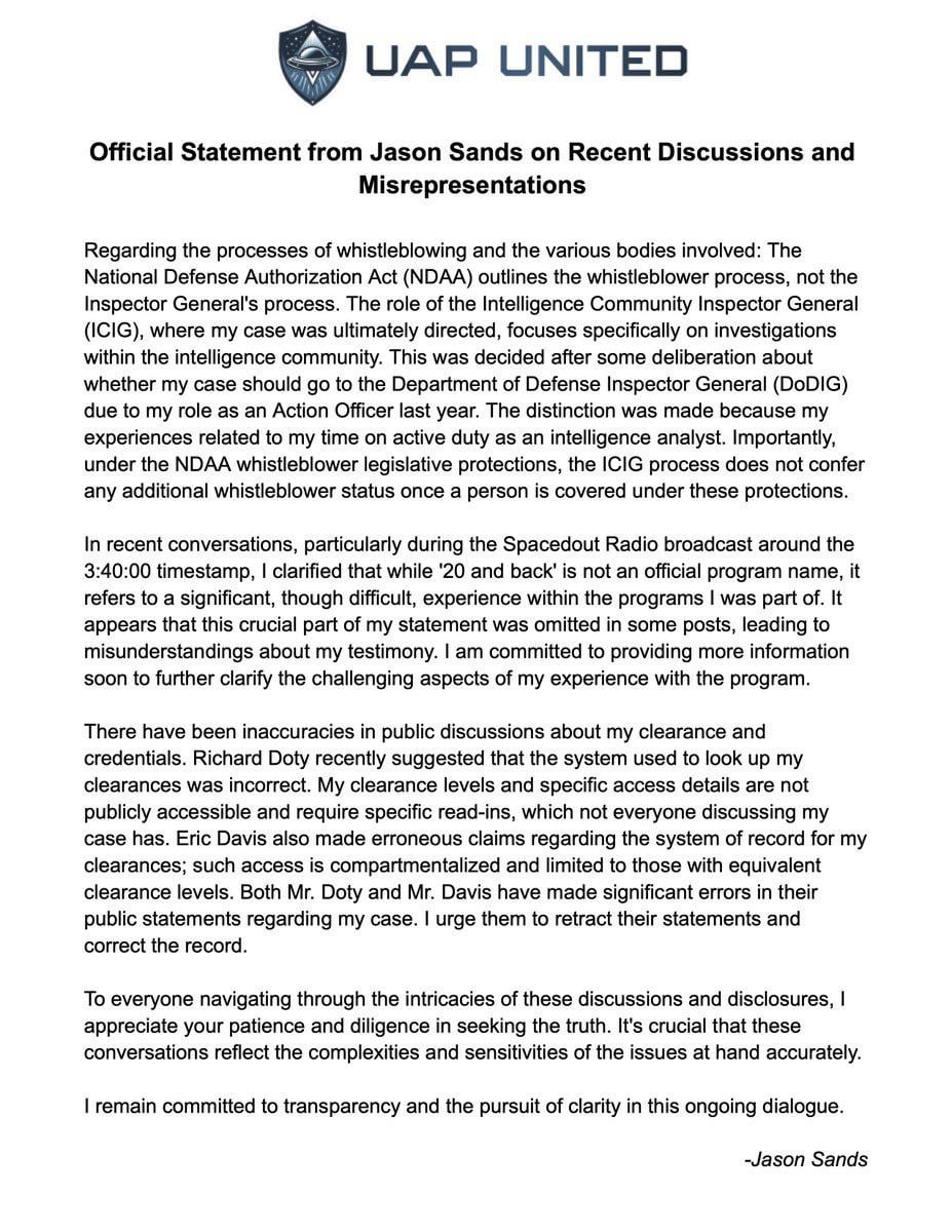 Official Statement from Jason Sands - UFO FEED
