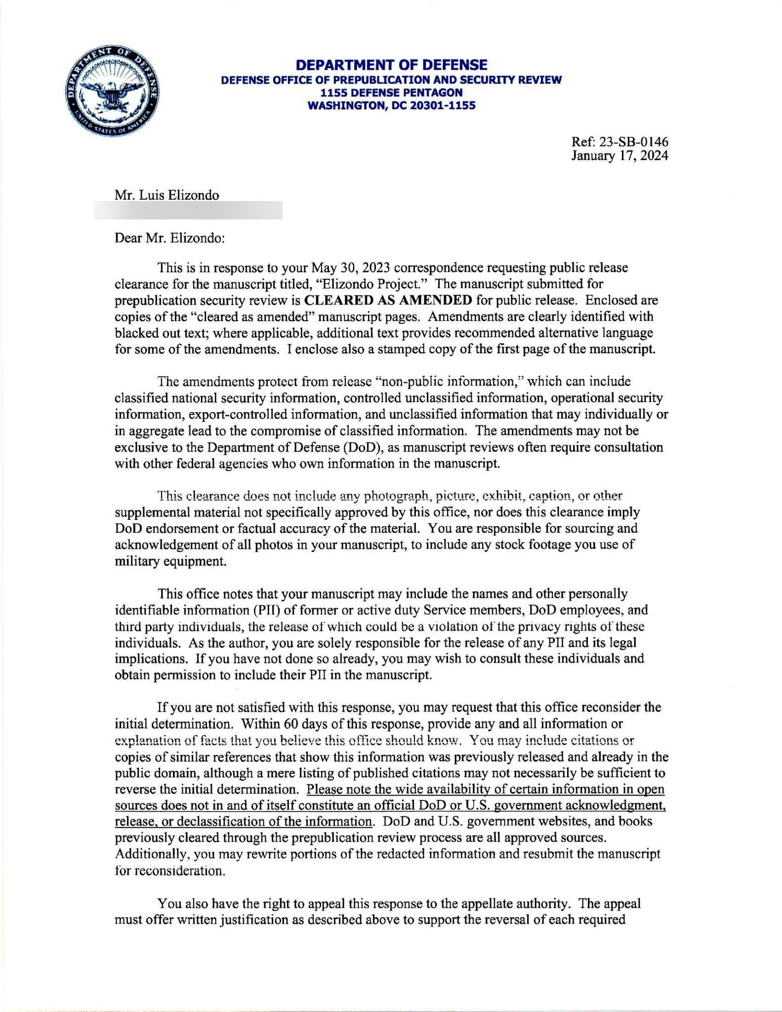 Here is the DOPSR approval letter for Lue Elizondo's new book Imminent ...