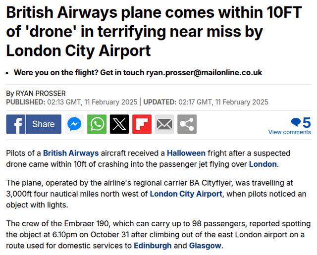 British Airways plane comes within 10FT of drone (UFO – Unidentified ...