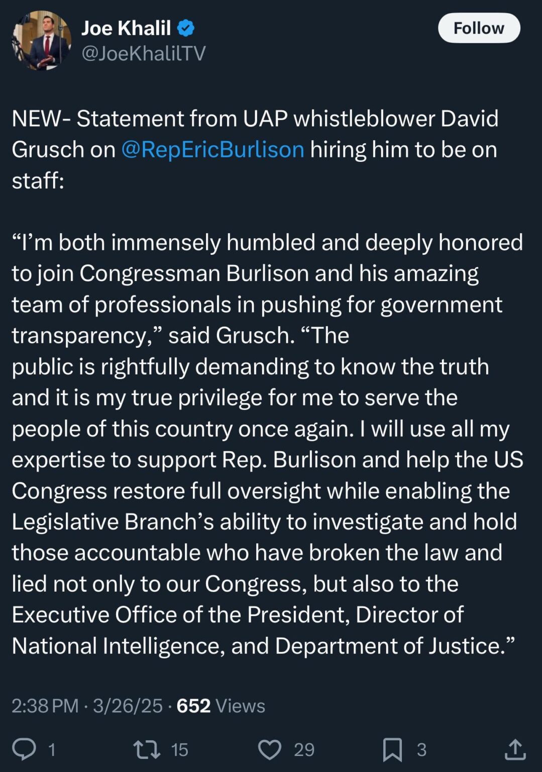 Statement from UAP whistleblower David Grusch on Rep. Eric Burlison ...