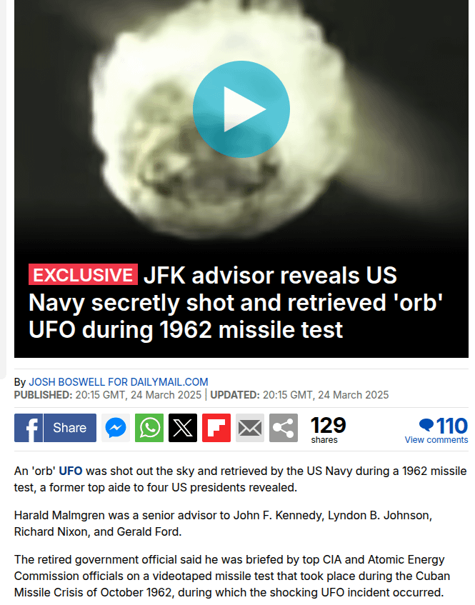 JFK advisor reveals US Navy secretly shot and retrieved 'orb' UFO ...