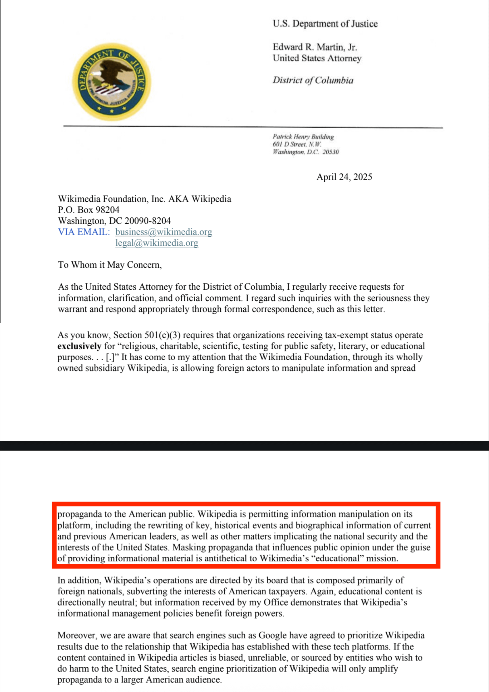 US DOJ Attorney Ed Martin accuses Wikipedia of “permitting information ...