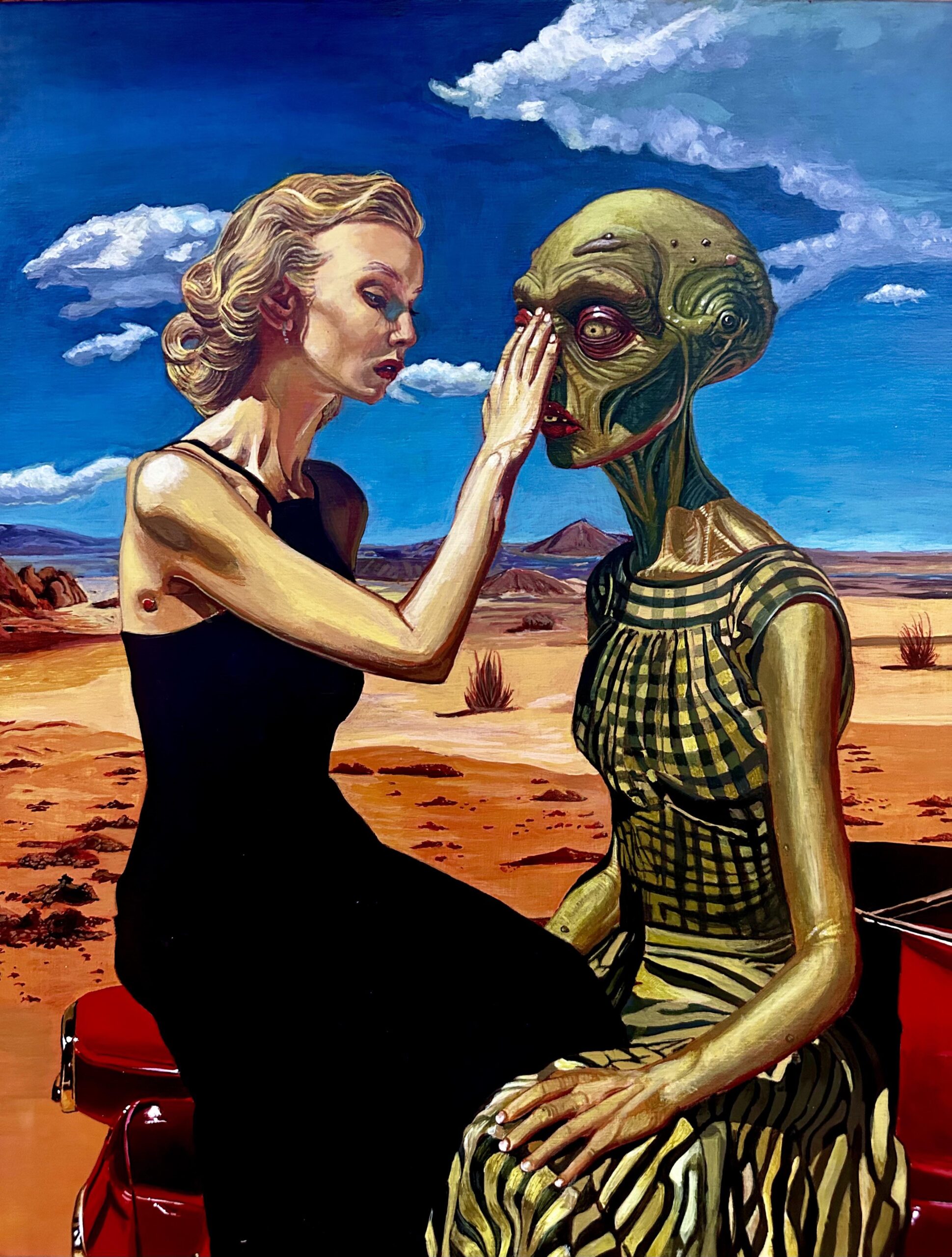 Acrylic Alien painting on wood panel – UFO FEED