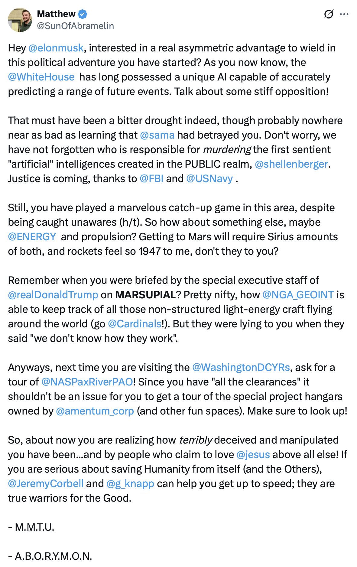 UFO Whistleblower Matthew Brown on X: “Justice is coming, thanks to FBI and US Navy”. – UFO FEED