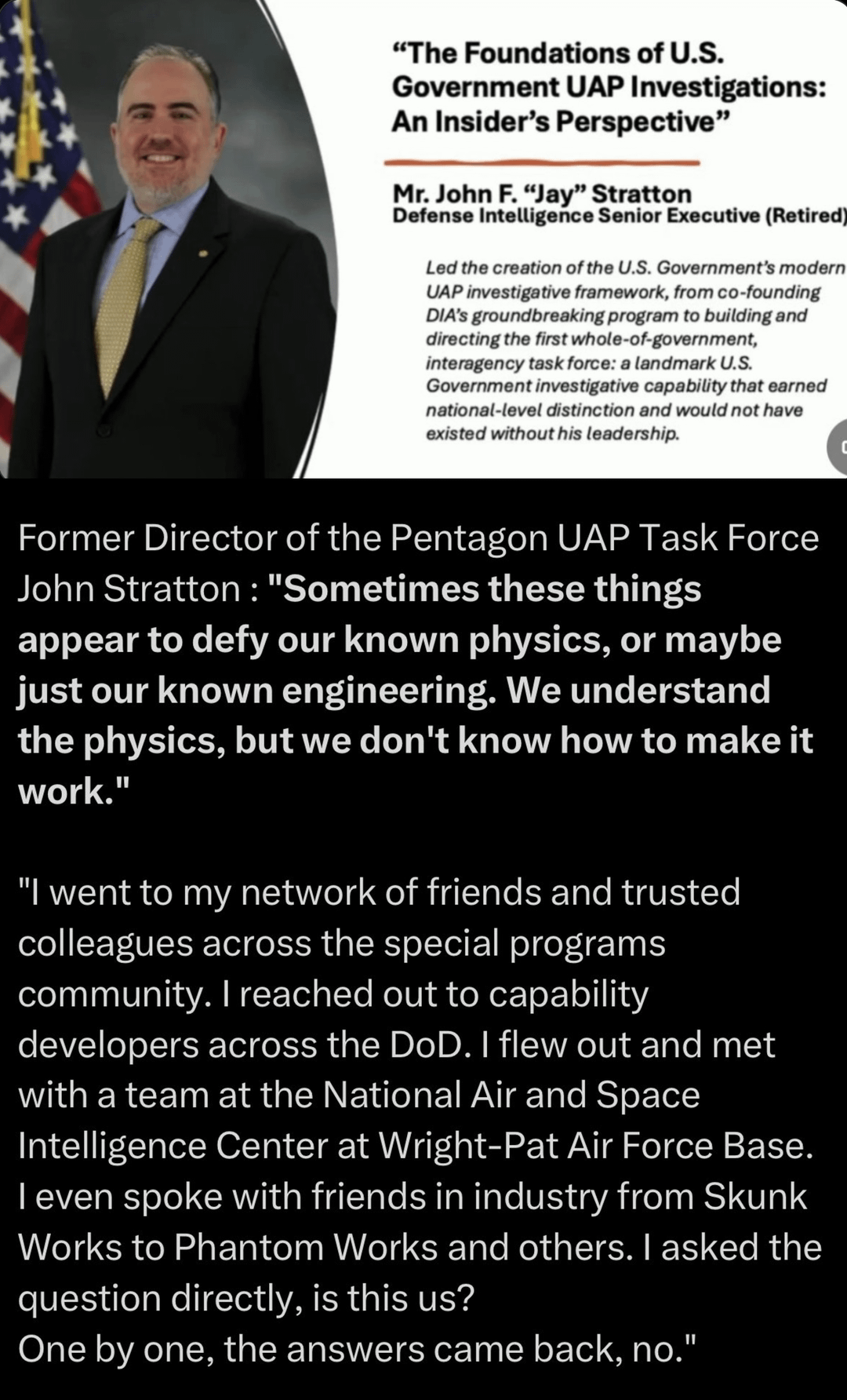 Notes from Jay Stratton’s (Former head of gov’t UFO agency ...