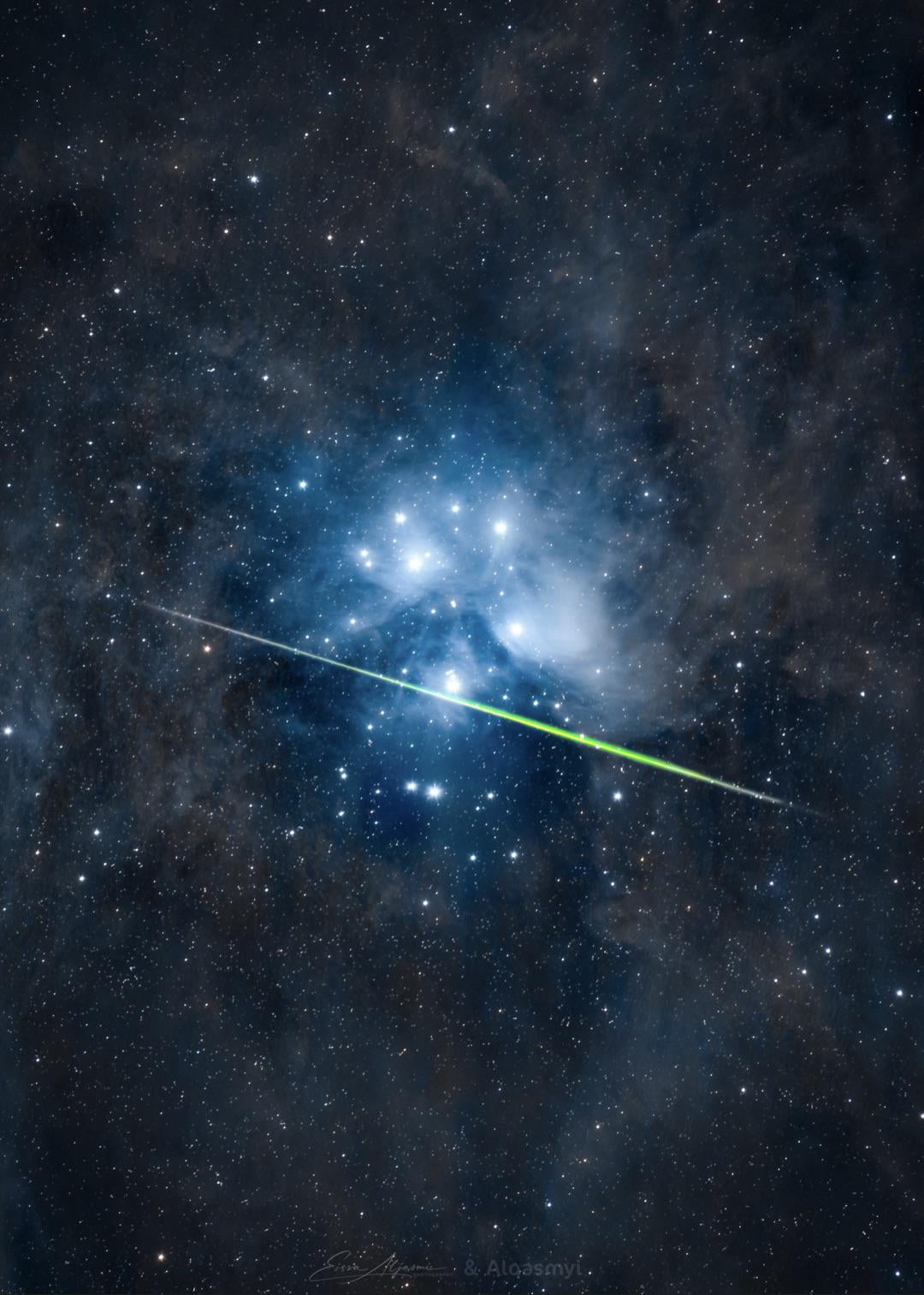 Once in a lifetime shot! Emerald Meteor Streaks across the Pleiades [OC ...