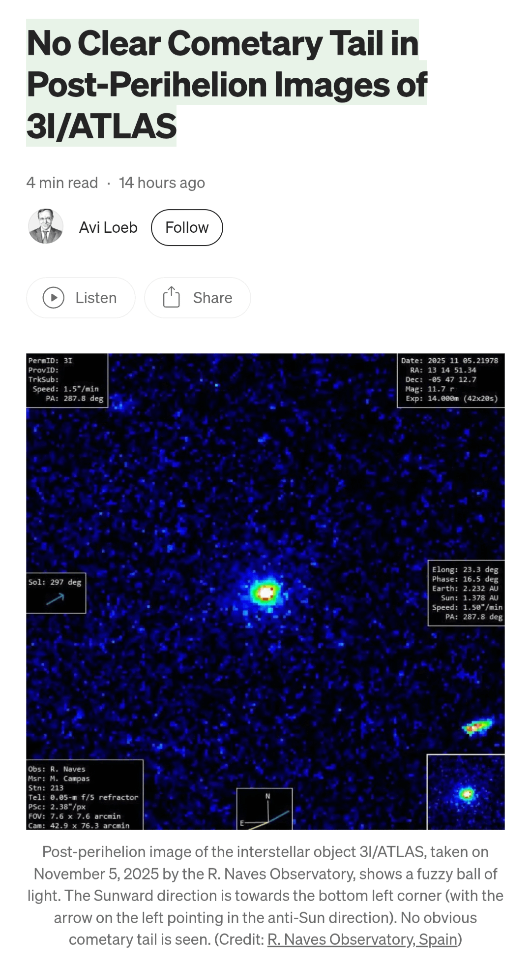 No tail seen on 3i/atlis 11/05/2025 - UFO FEED