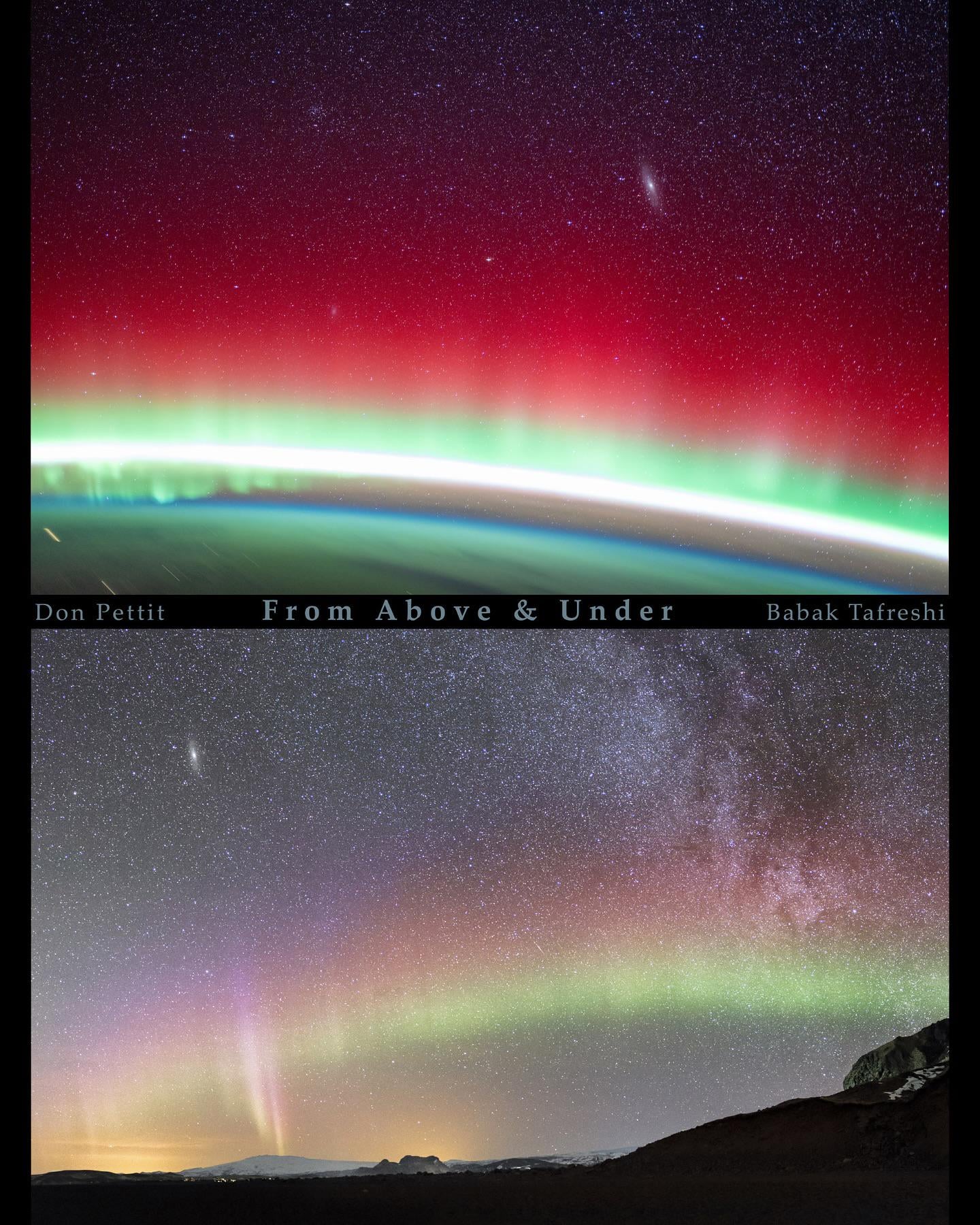 Andromeda above auroras, photographed from Earth and space together ...