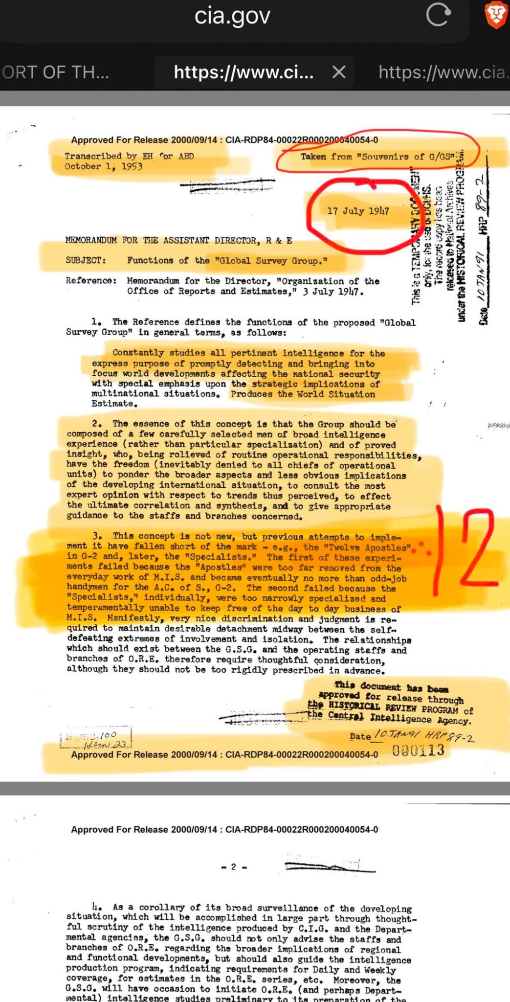 July 17, 1947 Intelligence Memo Describes a Failed Elite Group Called ...